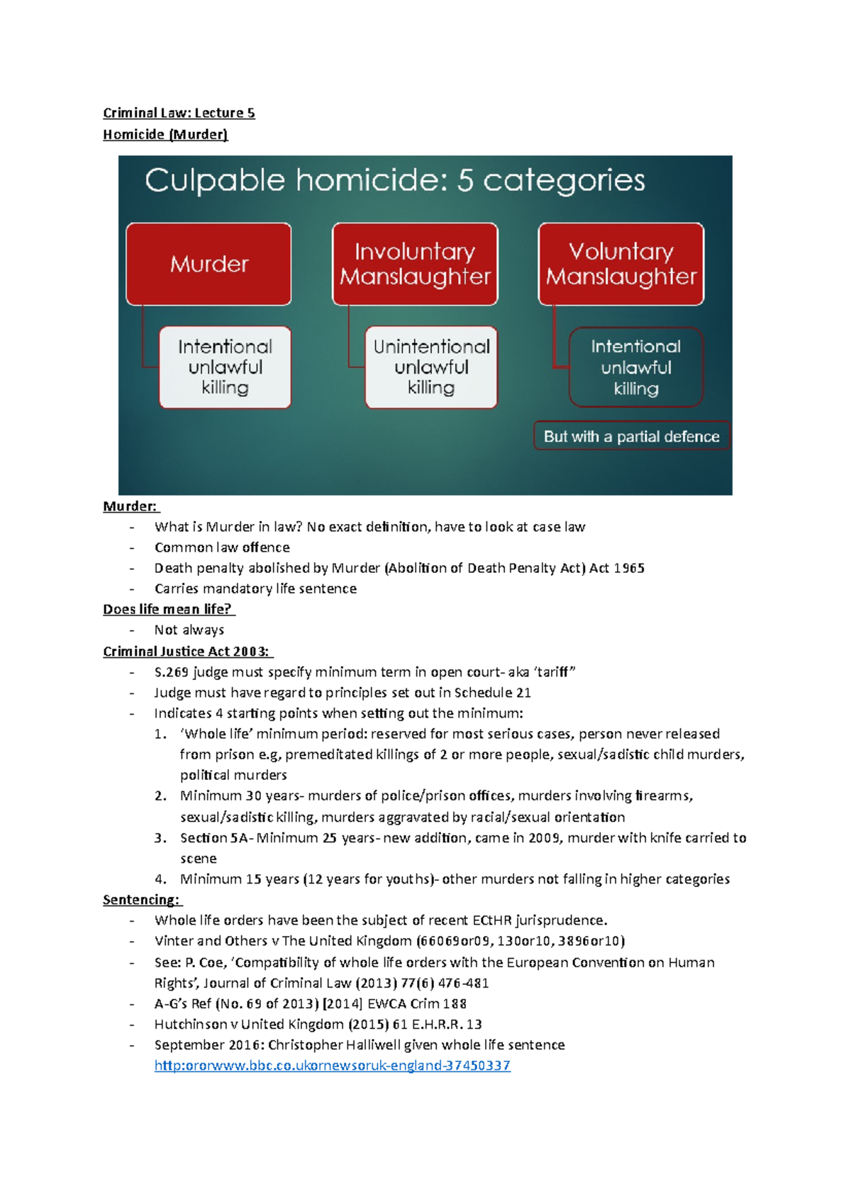Lecture 5- Homicide - Criminal law notes - Criminal Law: Lecture 5 ...