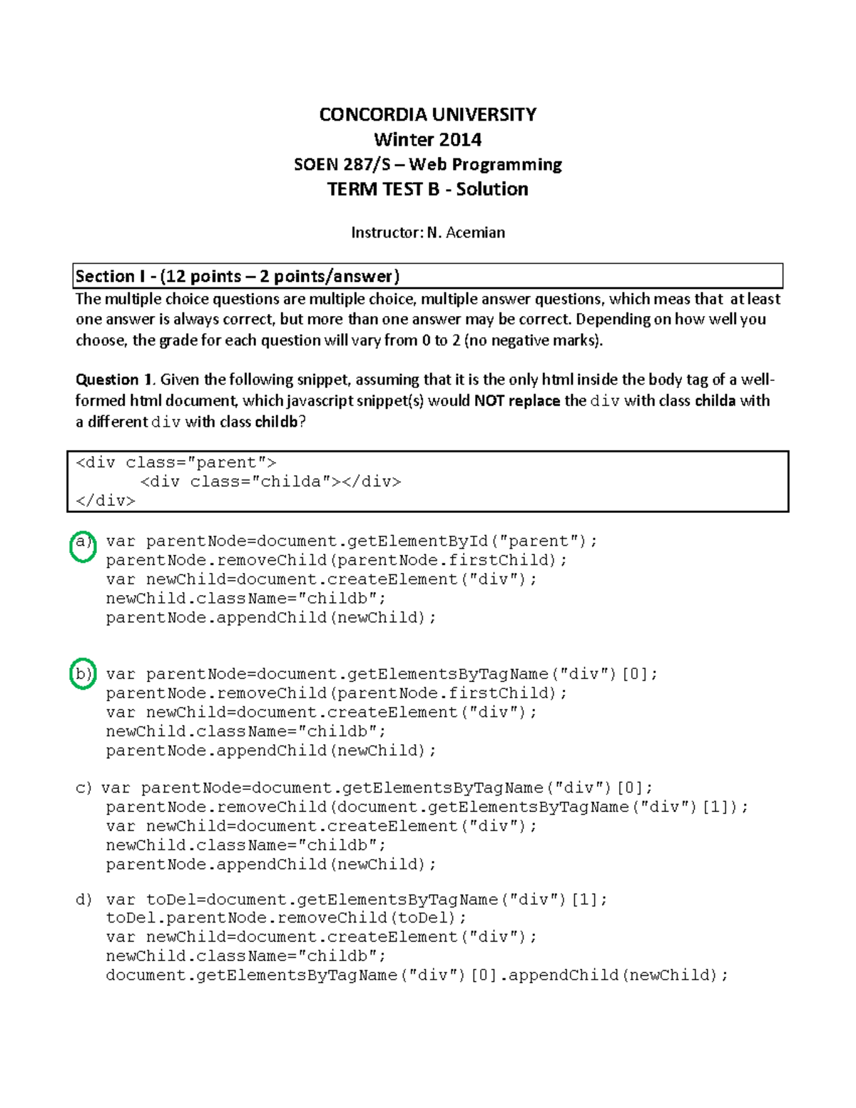 2014 Winter B Solutions - CONCORDIA UNIVERSITY Winter 2014 SOEN 287/S ...