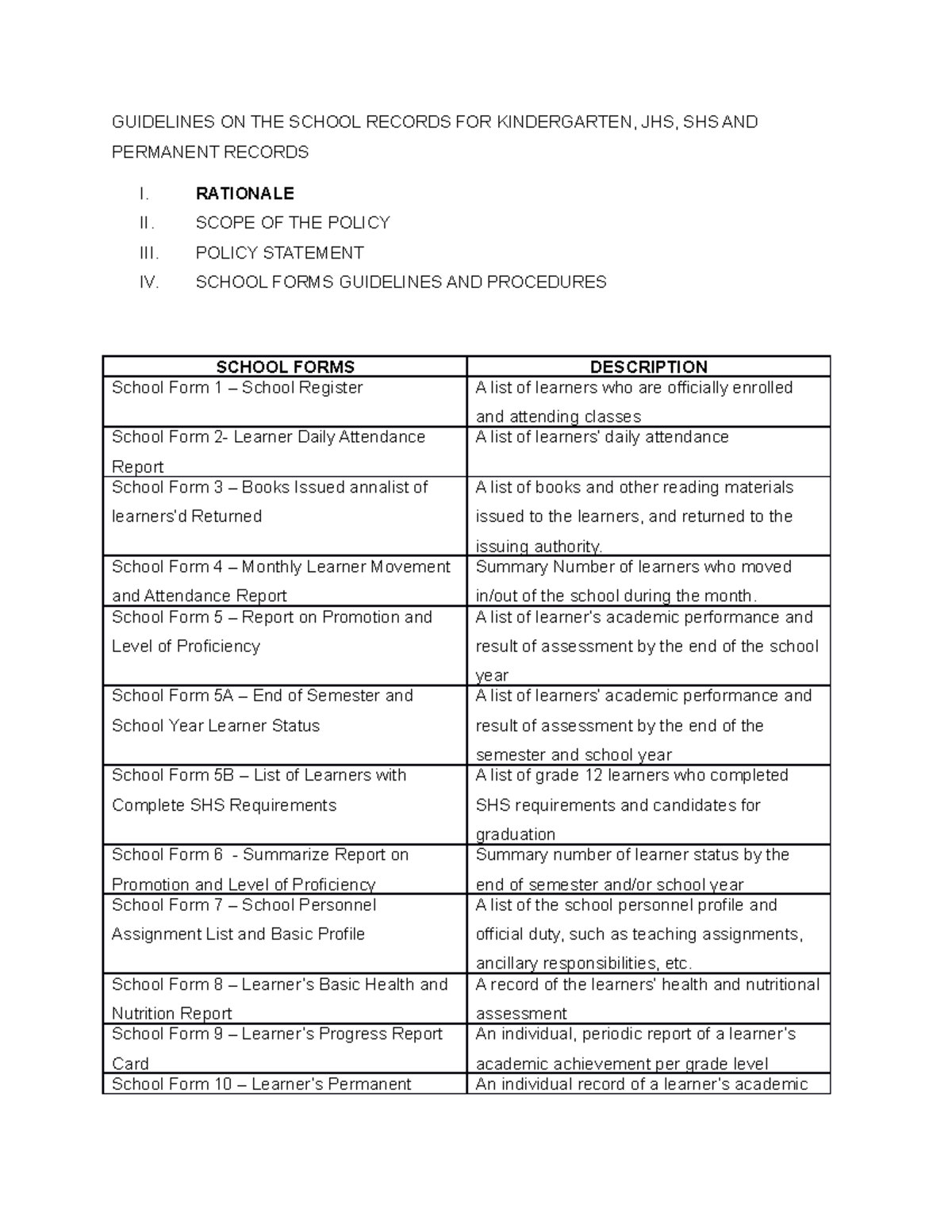 Guidelines ON THE School Records - GUIDELINES ON THE SCHOOL RECORDS FOR ...