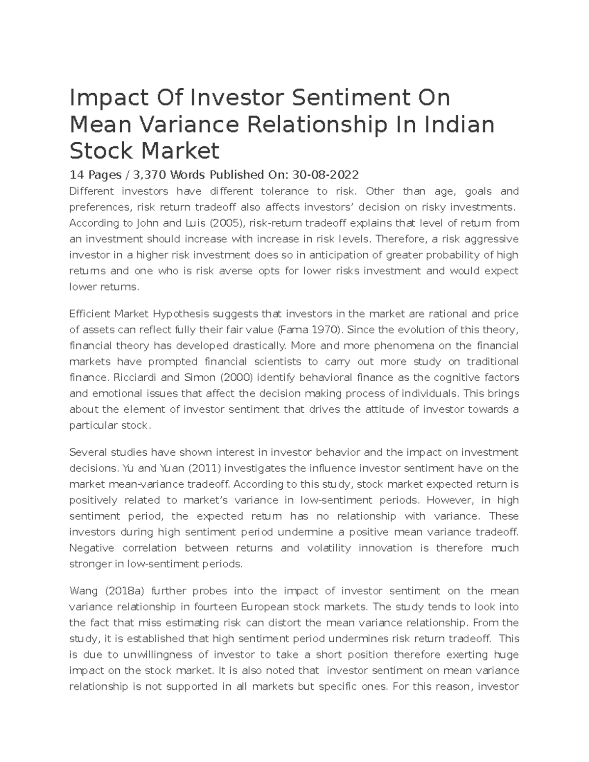 Impact Of Investor Sentiment On Mean Variance Relationship In Indian ...
