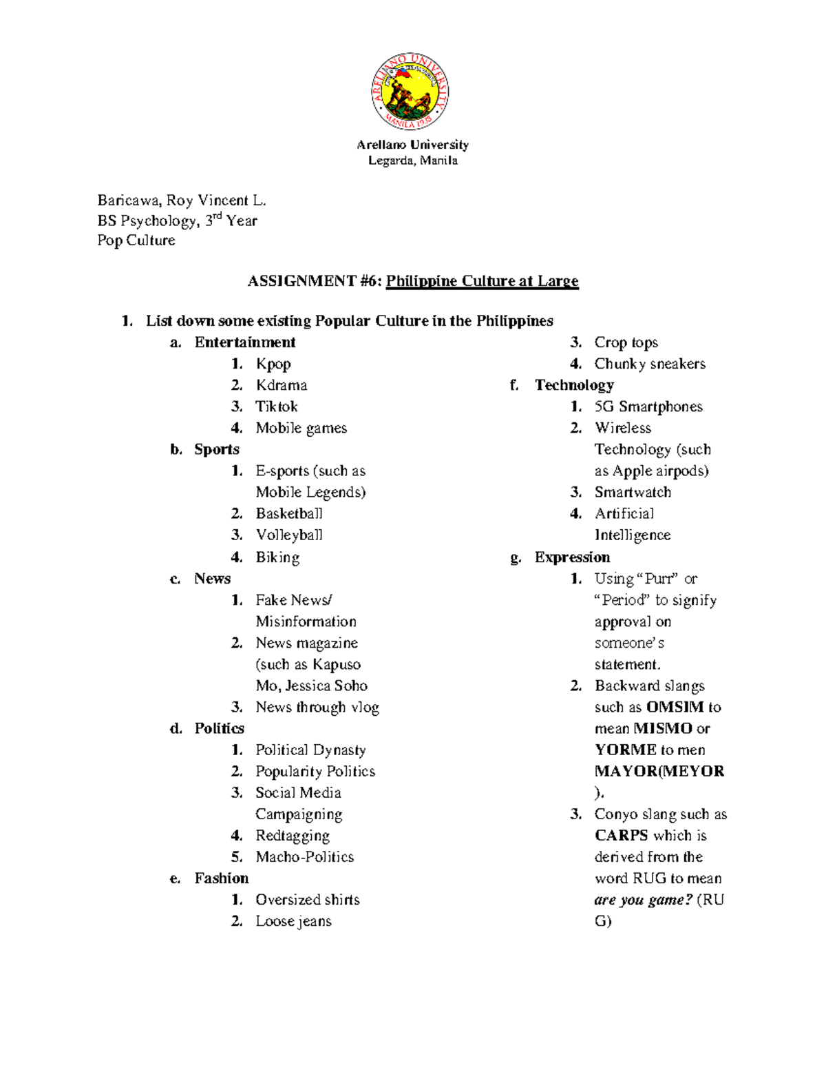 POP CULTURE ASSIGNMENT 6 - Baricawa, Roy Vincent L. BS Psychology, 3rd ...