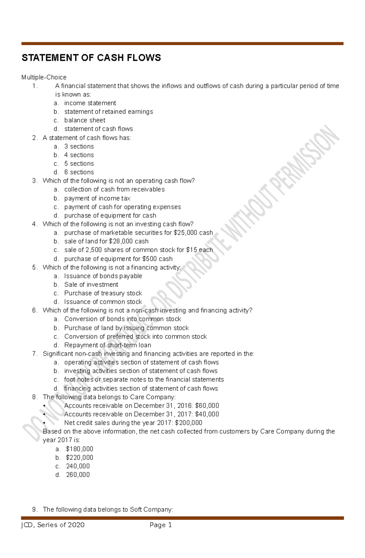 Quiz of statement of cash flows - STATEMENT OF CASH FLOWS Multiple ...