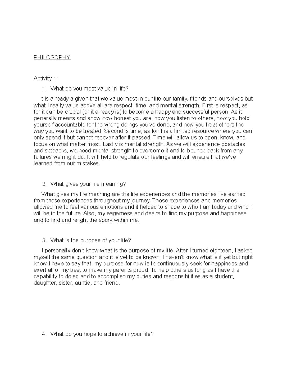 Philosophy-Understanding the Self - PHILOSOPHY Activity 1: What do you ...