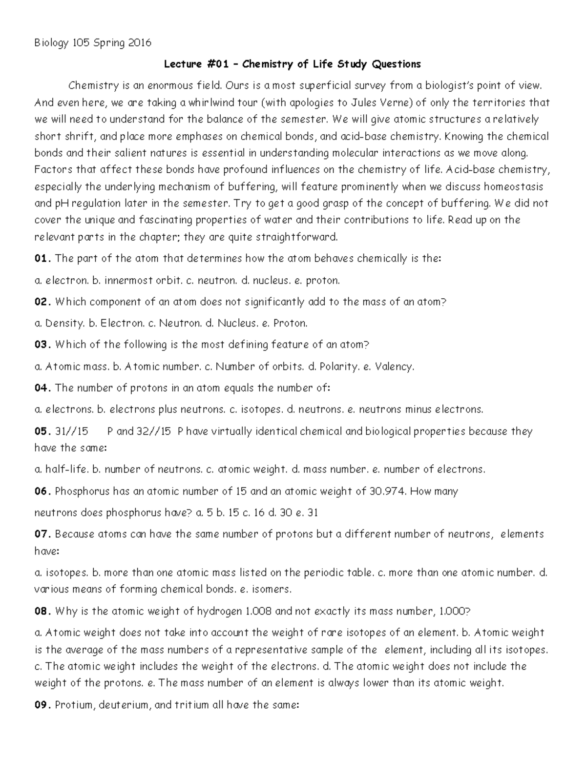 01 chemistry-post - notes - Biology 105 Spring 2016 Lecture #01 ...