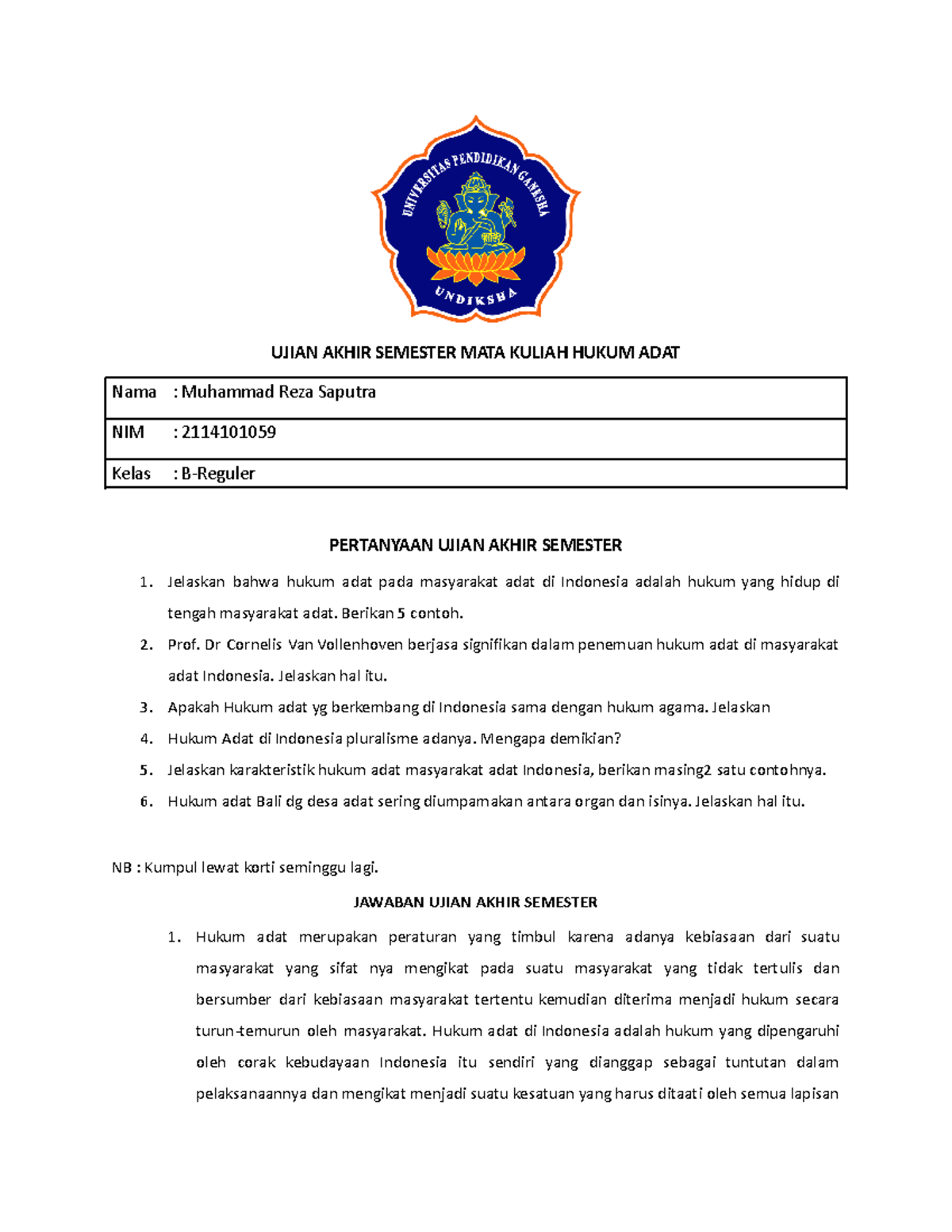 20 Muhammad Reza Saputra UAS Hukum Adat 2B - UJIAN AKHIR SEMESTER MATA ...
