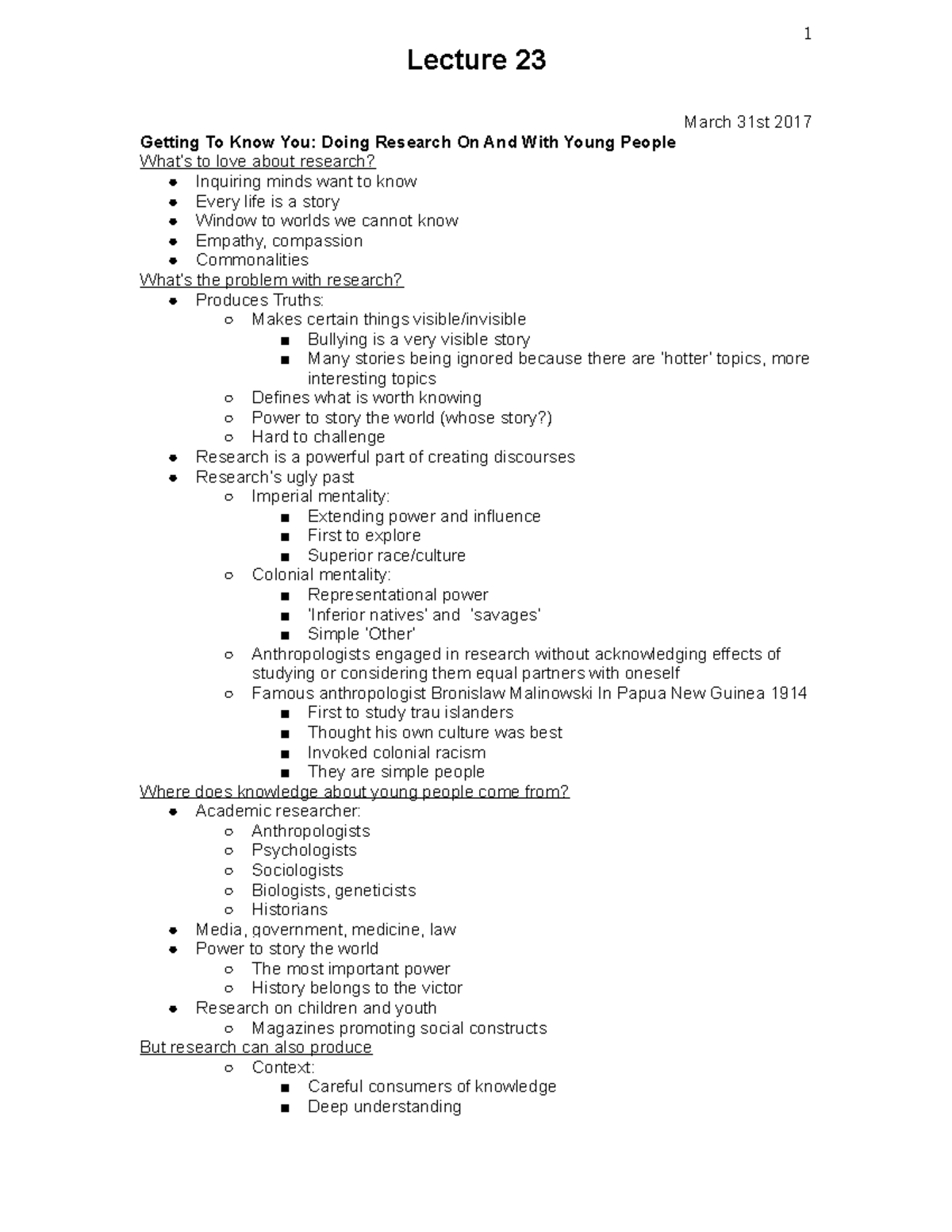 Lecture 23 March 31 - Danielle Molnar & Shauna Pomerantz - 1 Lecture 23 ...