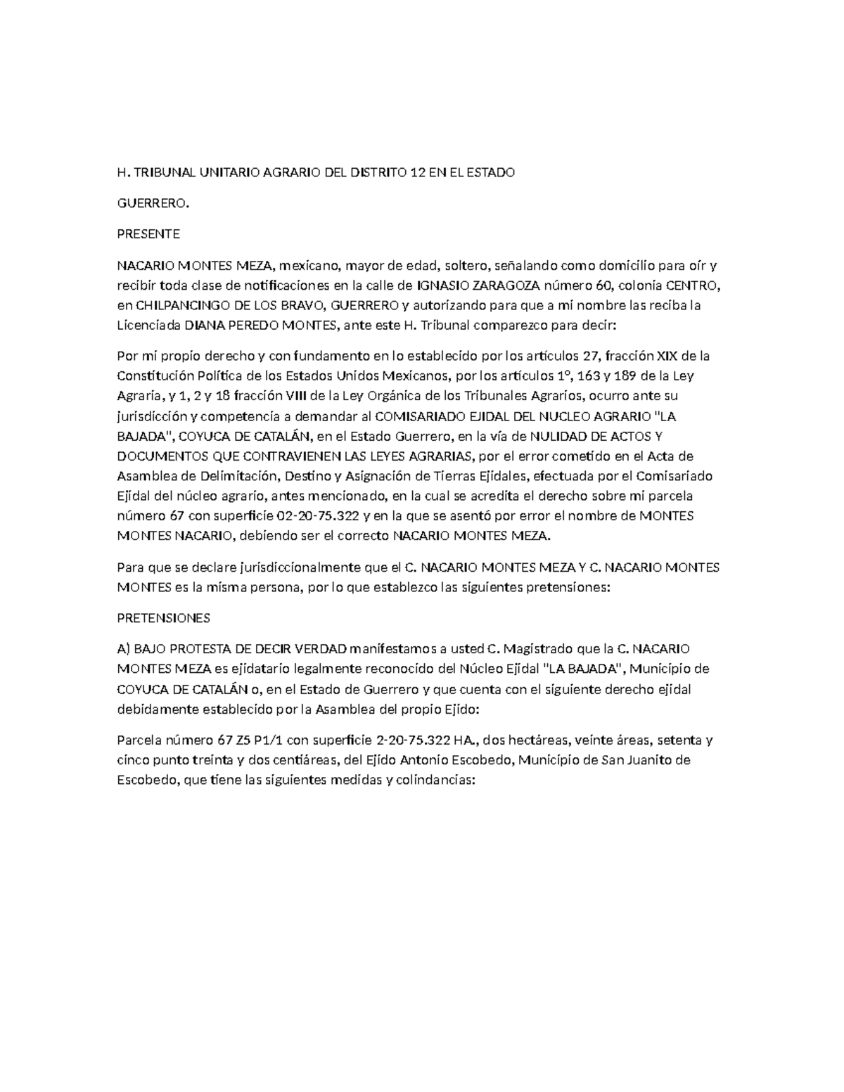 Demanda agrararia pt1 - H. TRIBUNAL UNITARIO AGRARIO DEL DISTRITO 12 EN ...