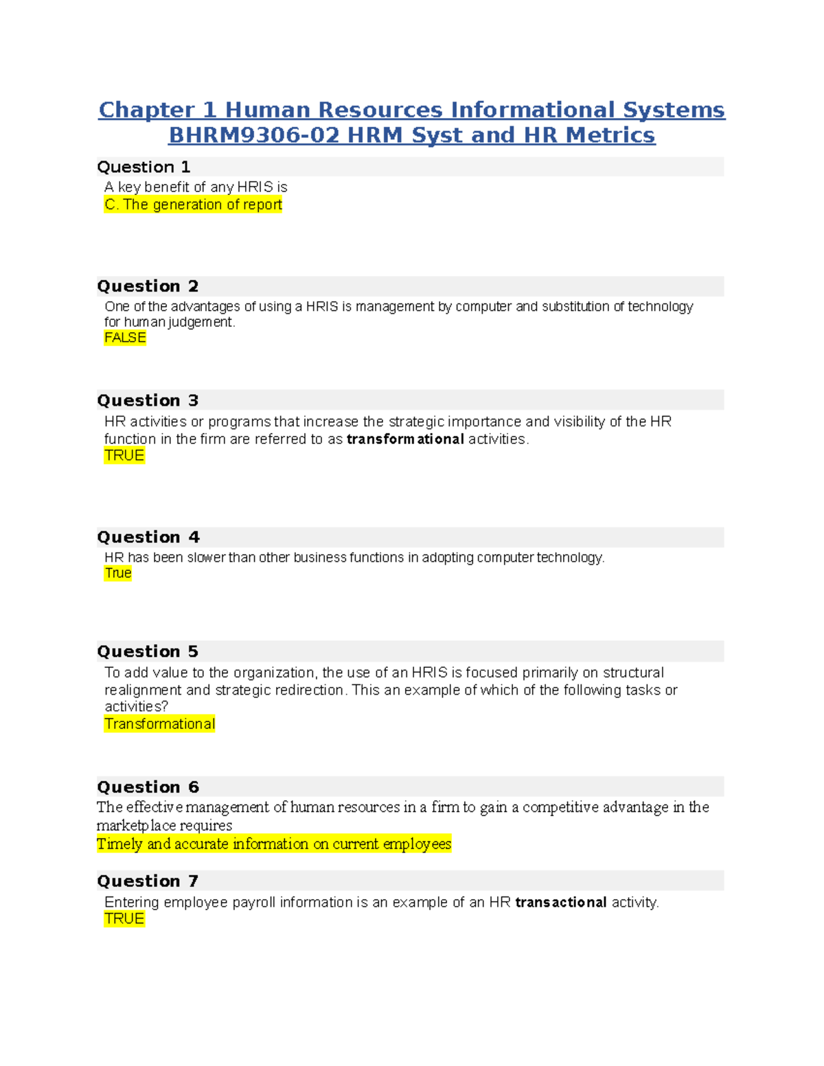 BHRM Quizes chapter 1-6 - Chapter 1 Human Resources Informational ...