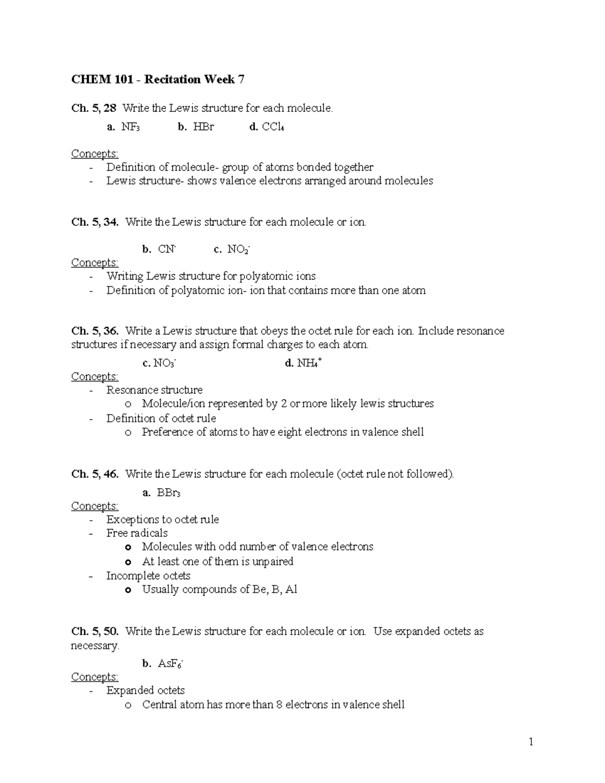 CHEM 101 Recitation Week 7 - CHEM 101 - Recitation Week 7 Ch. 5, 28 ...