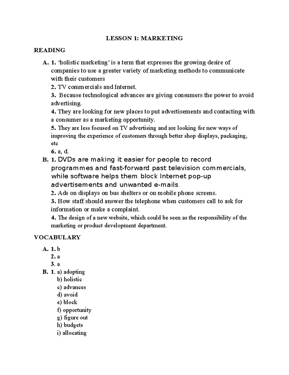 Lesson 1 - reading tahp2 - LESSON 1: MARKETING READING A. 1. ‘holistic ...