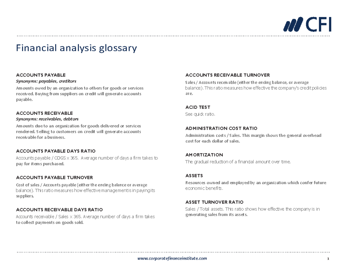 CFI Financial Analysis Glossary - ACCOUNTS RECEIVABLE TURNOVER Sales ...