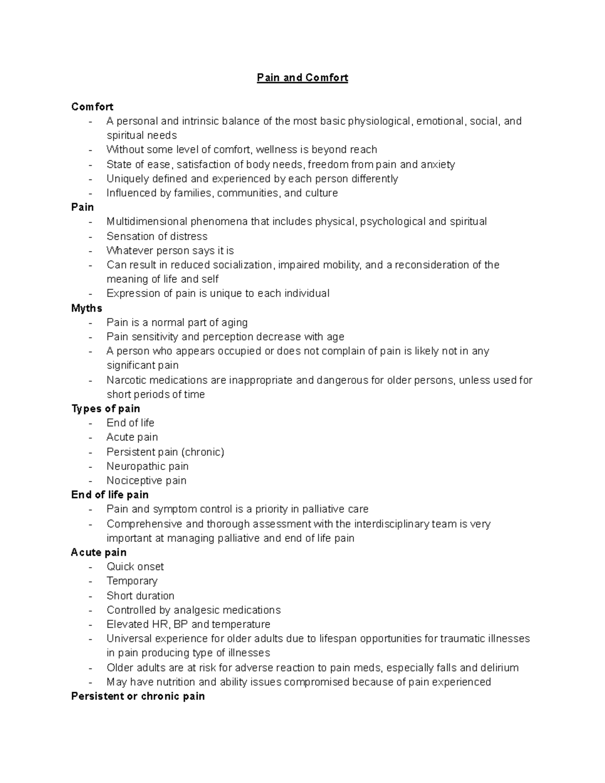 Health and healing week 6 lecture notes - Pain and Comfort Comfort - A ...