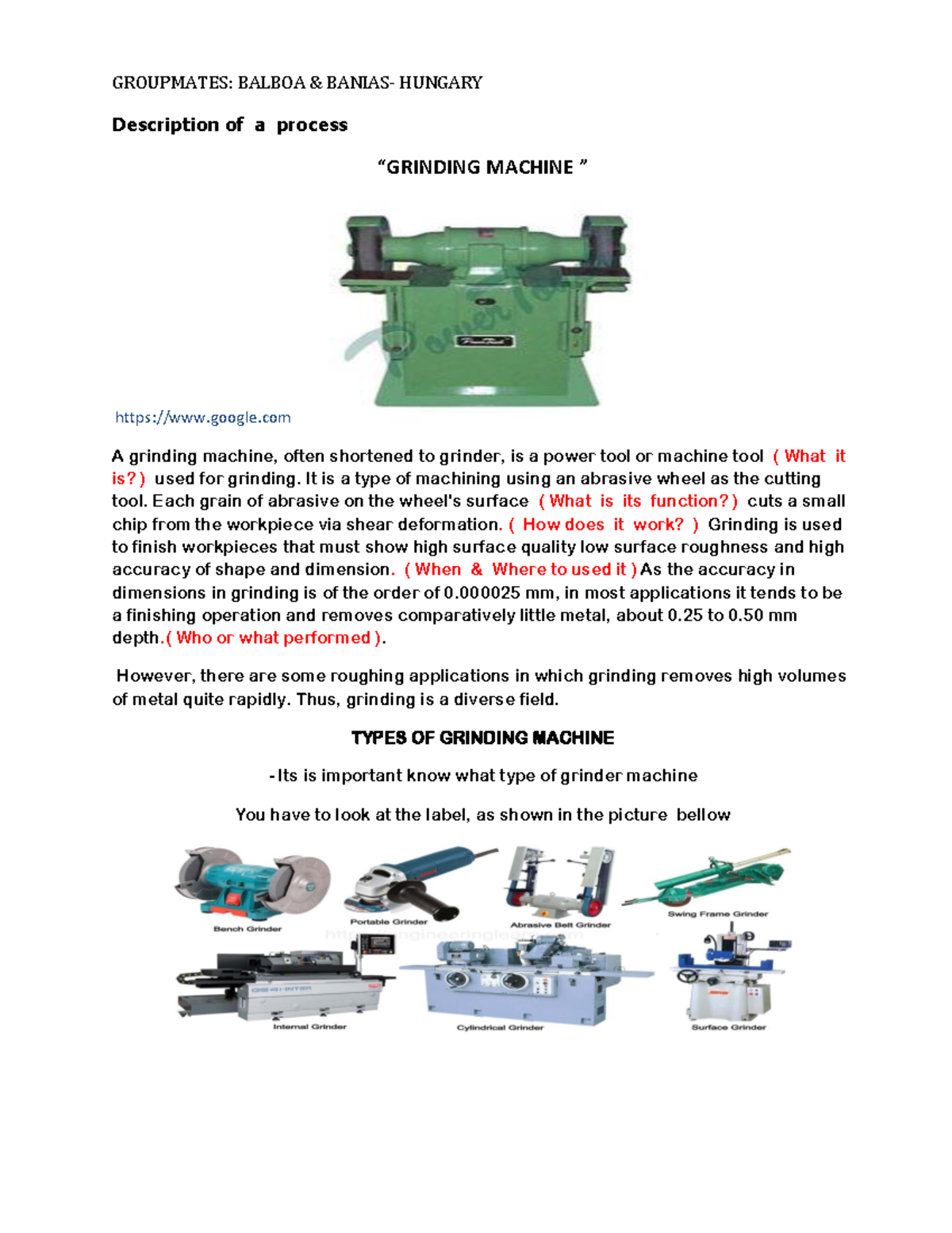 Process-OF- Classification - Description of a process “GRINDING MACHINE ...