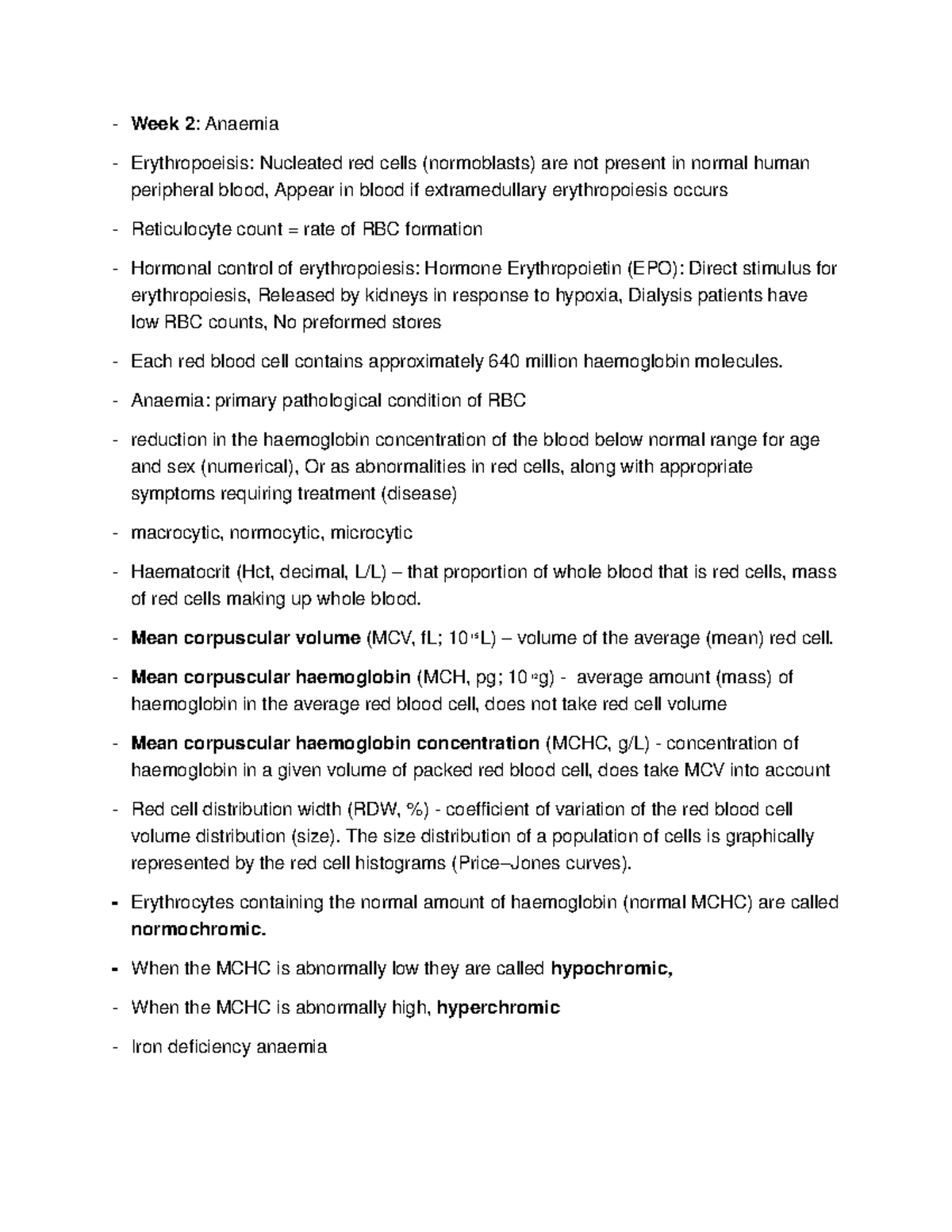 Week 2 Anaemia - Lecture notes week2 - Week 2 : Anaemia -Erythropoeisis ...