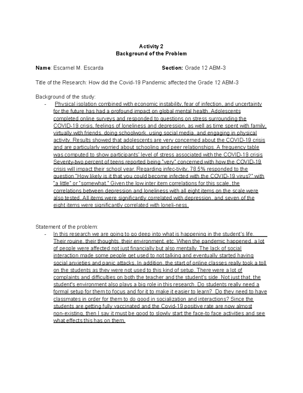 3is act 2,3 - n.a - Activity 2 Background of the Problem Name: Escarnel ...