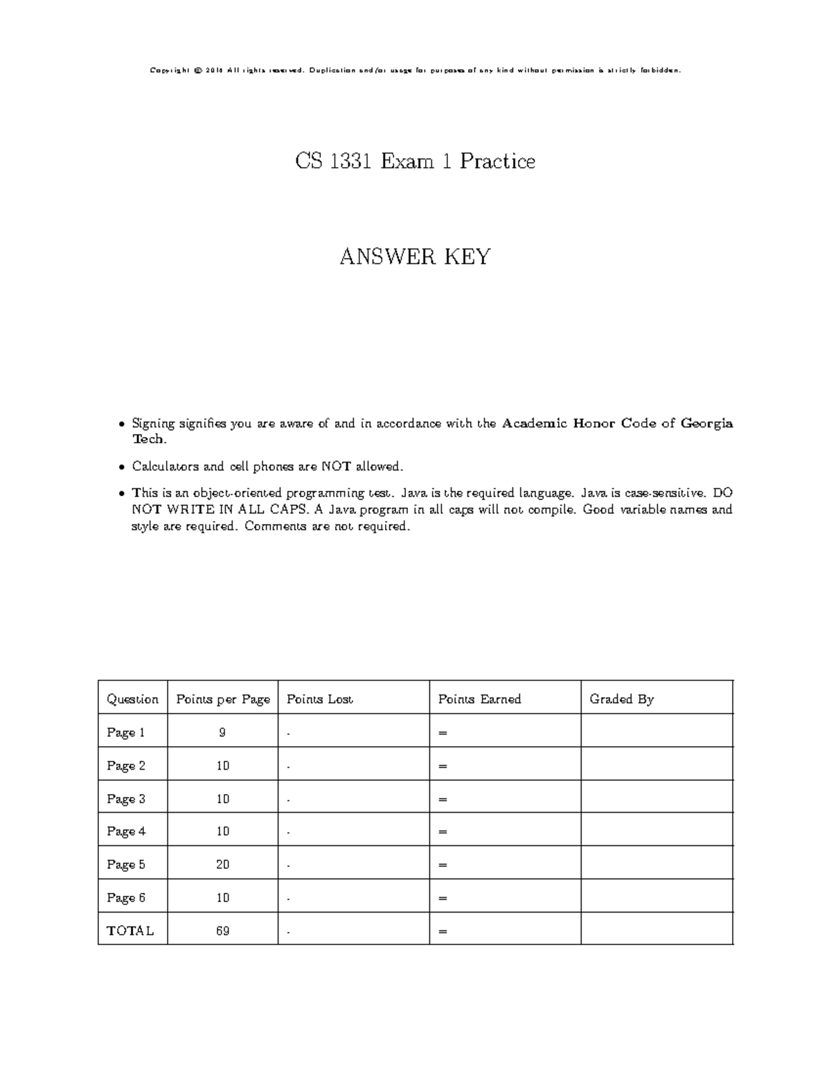Practice Exam 1 Key - CS 1331 Exam 1 Practice ANSWER KEY Signing signifies you are aware of and ...