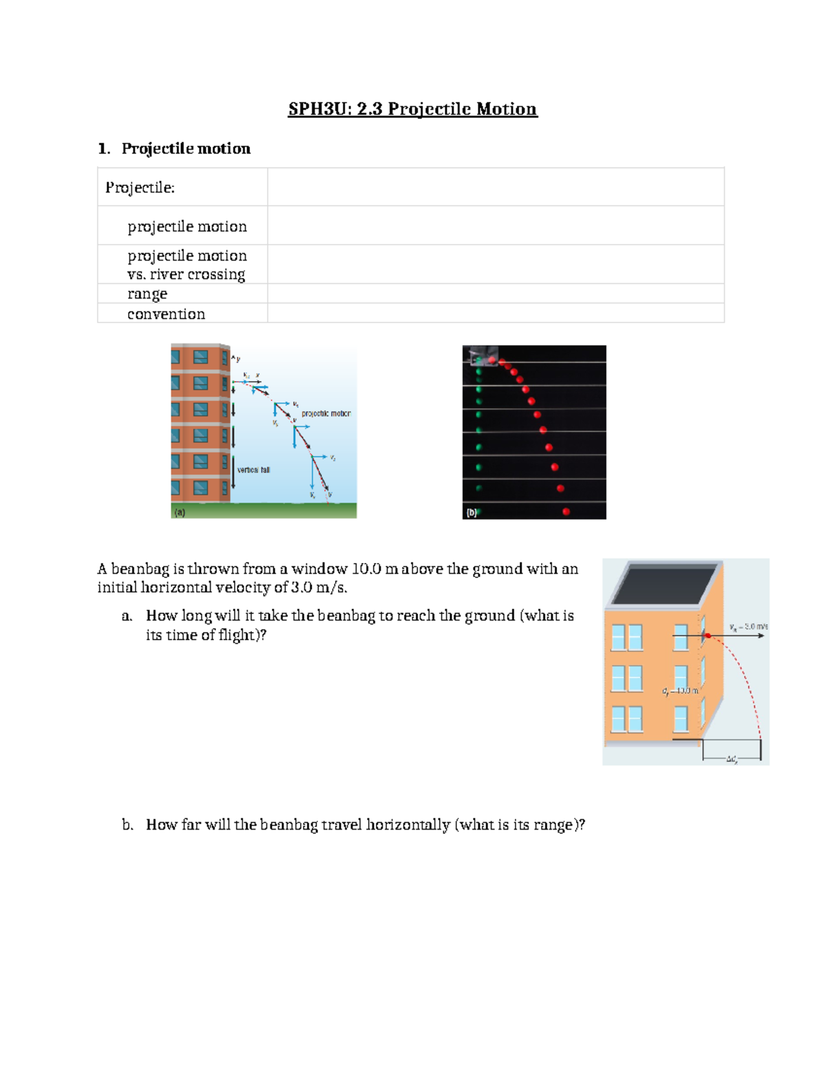 2.3 Projectile motion - Physics worksheets - SPH3U: 2 Projectile Motion ...