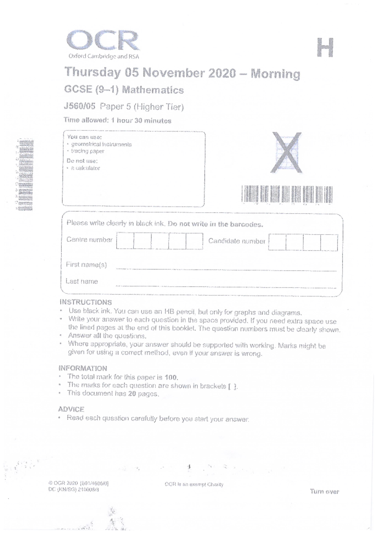 OCR GCSE Maths November 2020 Paper 5 Higher - OCR Oxford Cambridge and ...