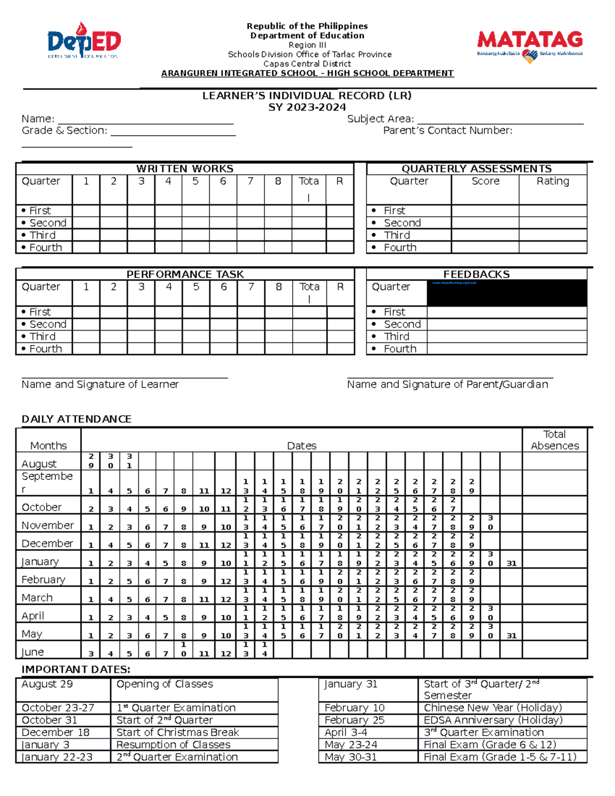 Individual Learner's Record (LR) - Republic of the Philippines ...
