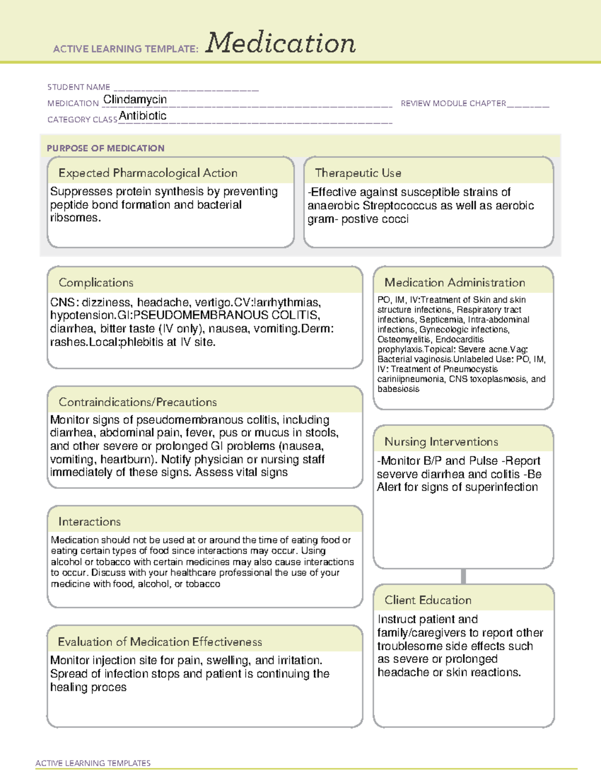 Clindamycin - drug cards - ACTIVE LEARNING TEMPLATES Medication STUDENT ...