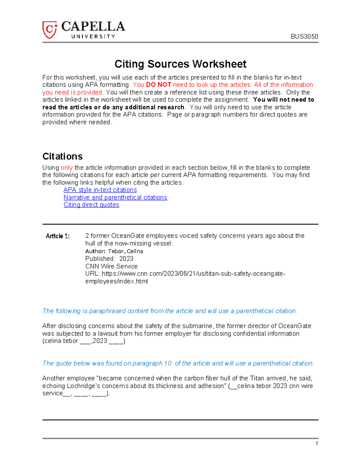 Cf Citing Sources Worksheet - BUS Citing Sources Worksheet For this ...