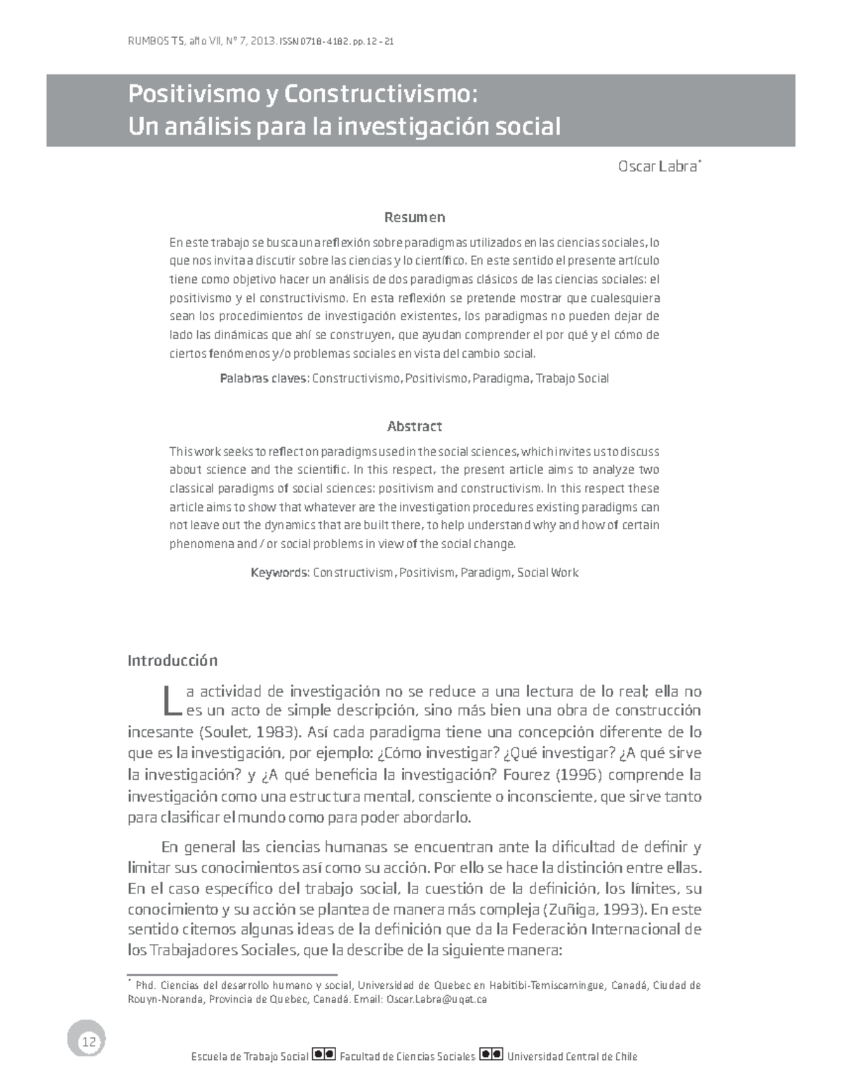 Labra Texto - 12 Positivismo y Constructivismo: Un análisis para la ...