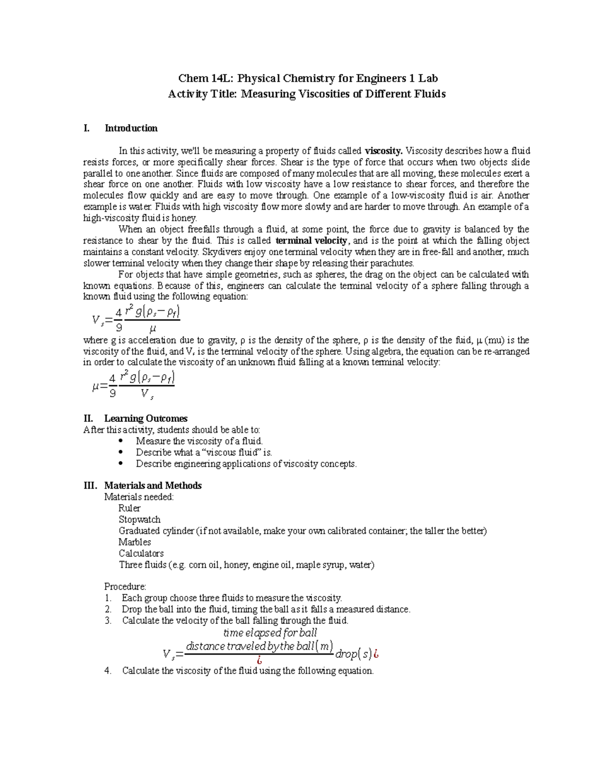 Cristine Bellen - Chem 14L Lab Activity 2 viscosity - Chem 14L ...