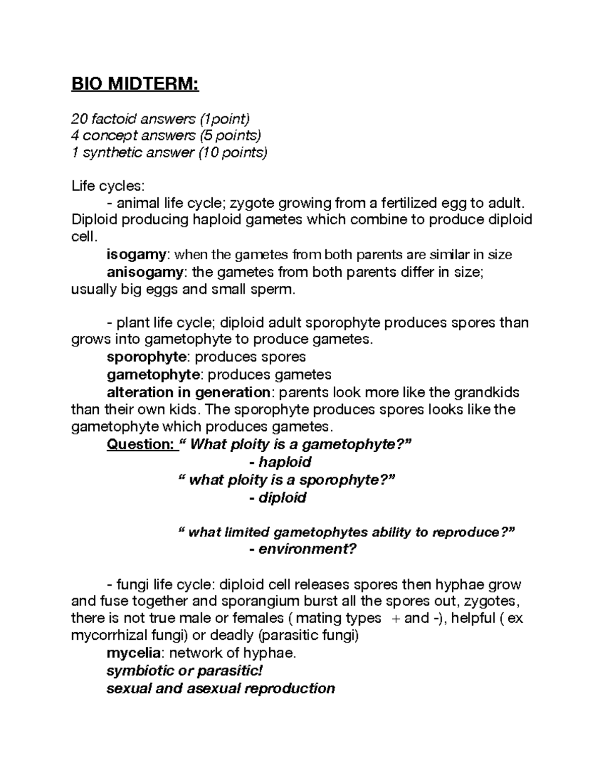 Bisc 102 midterm - BIO MIDTERM: 20 factoid answers (1point) 4 concept ...