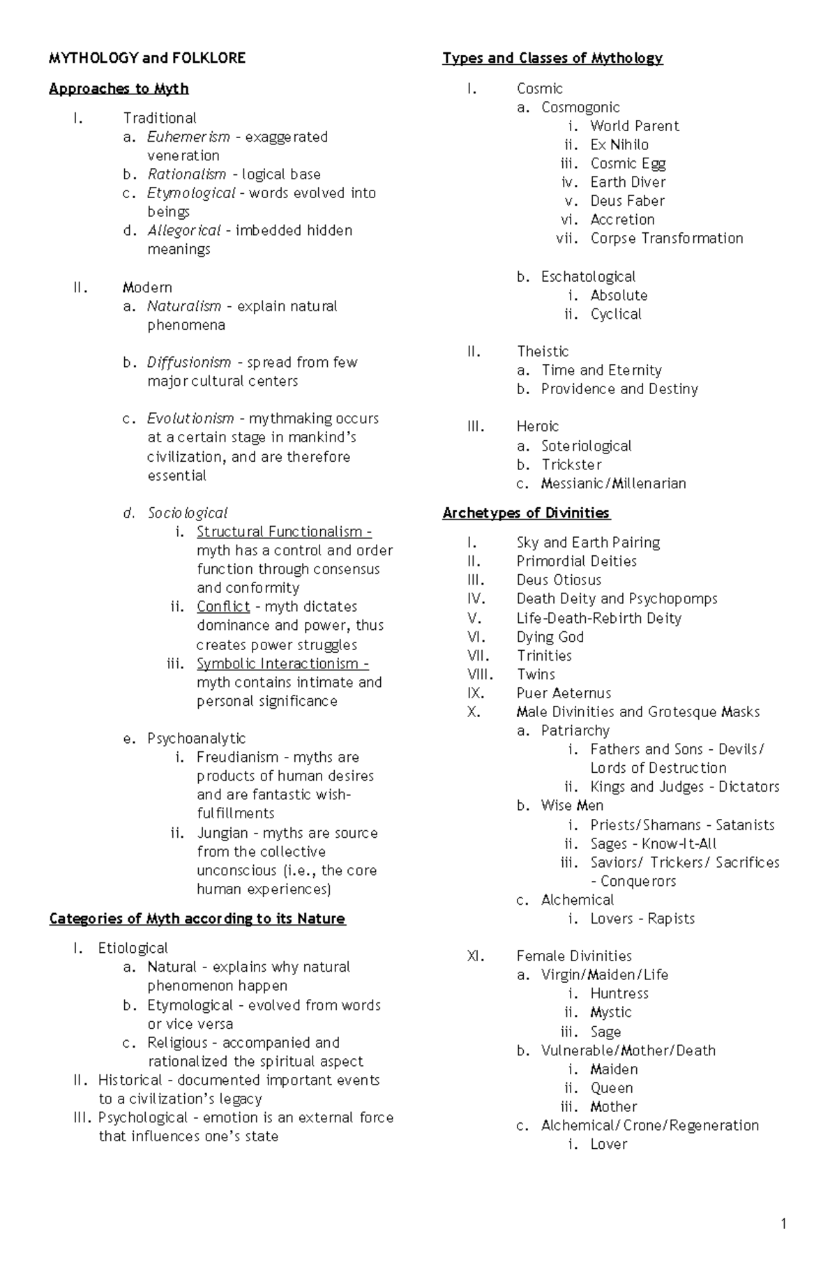Mythology and Folklore Outline Handout - MYTHOLOGY and FOLKLORE ...