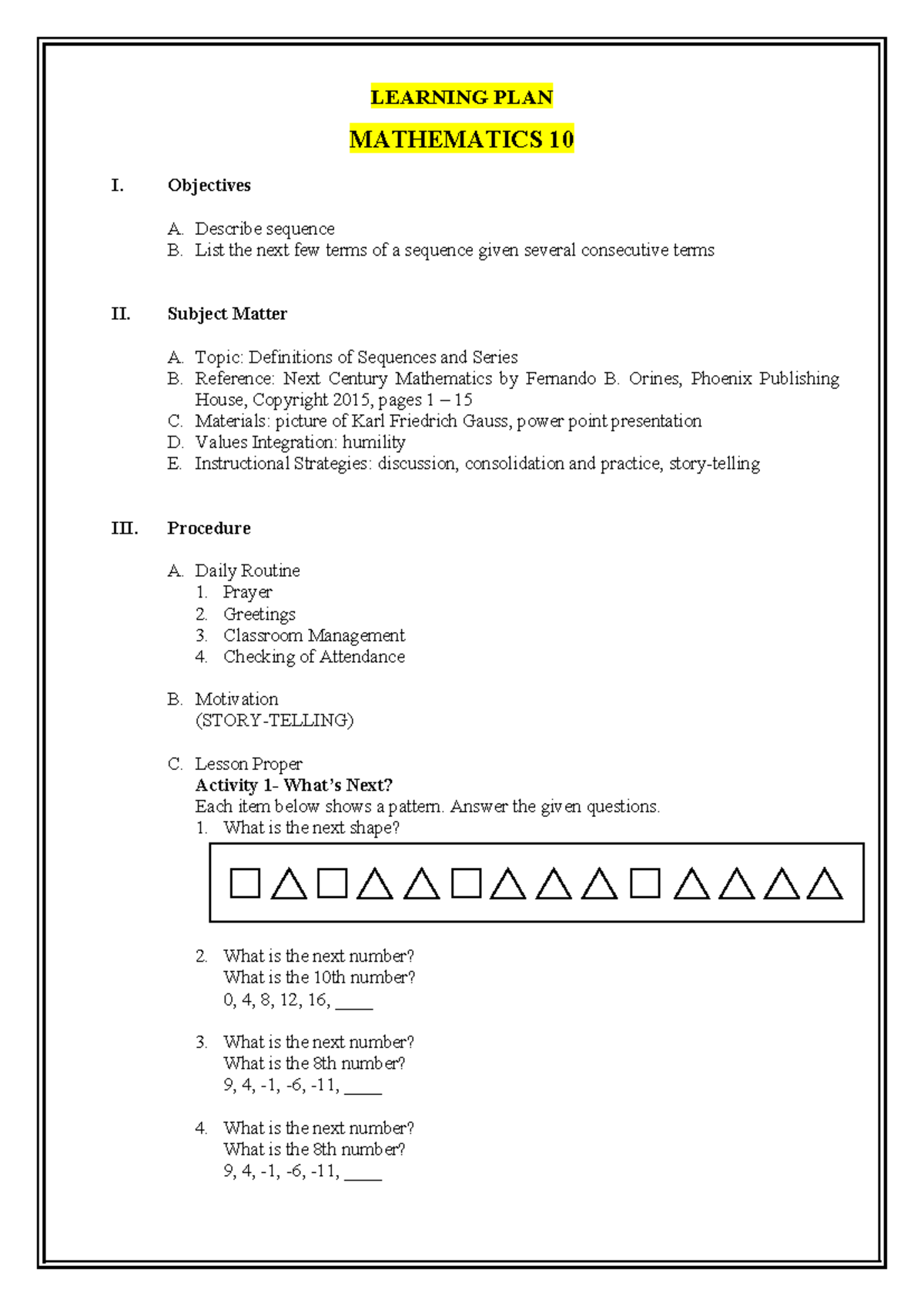 Math 10 LP - Israel - learning materials - LEARNING PLAN MATHEMATICS 10 ...