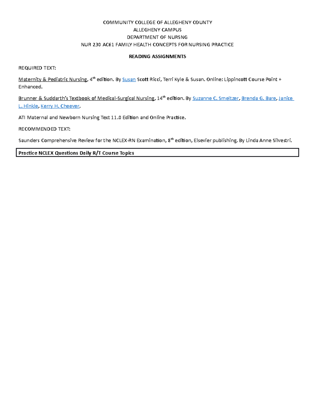 NUR230 AC61 Reading Assignments Spring 2022 - COMMUNITY COLLEGE OF ...