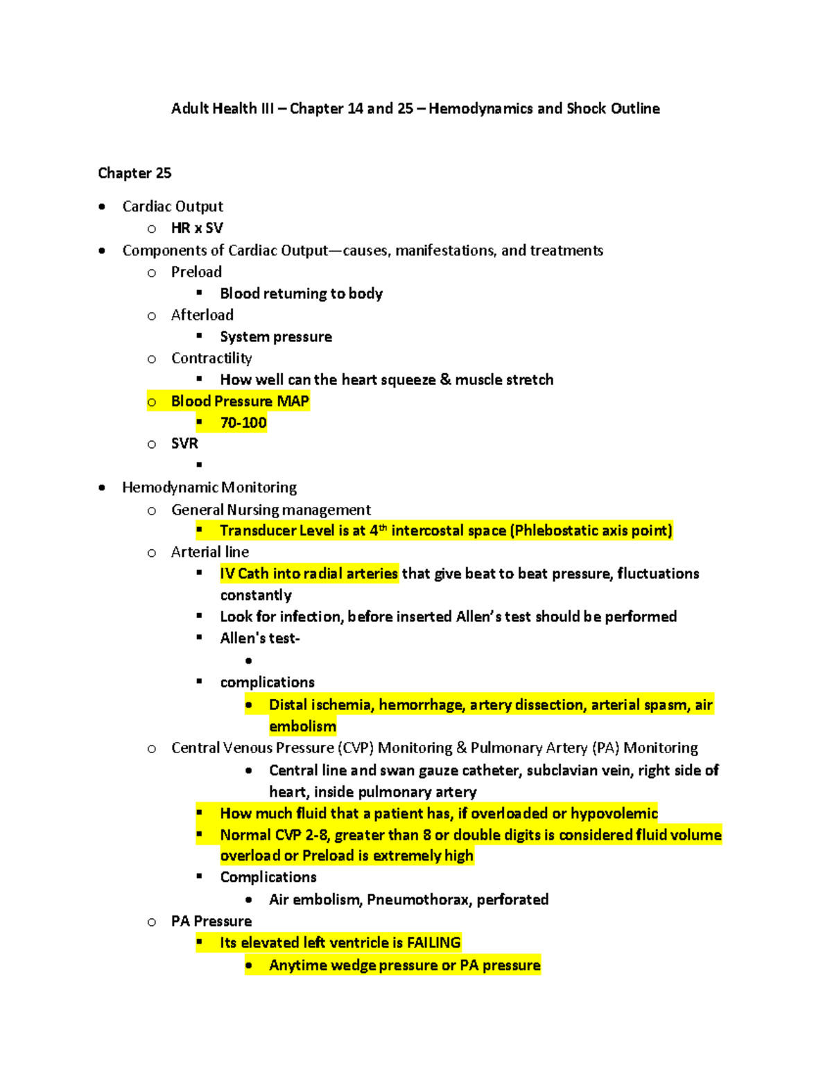 AH3 Shock Outline - Adult Health III – Chapter 14 and 25 – Hemodynamics ...