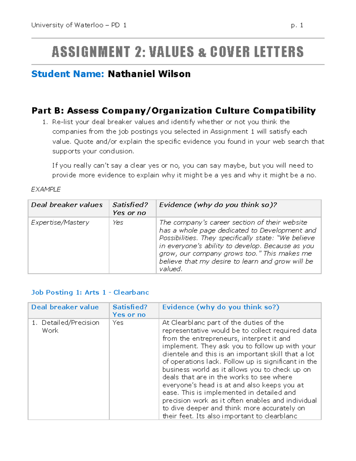 Assign 2 values and cover letters - ASSIGNMENT 2: VALUES & COVER ...