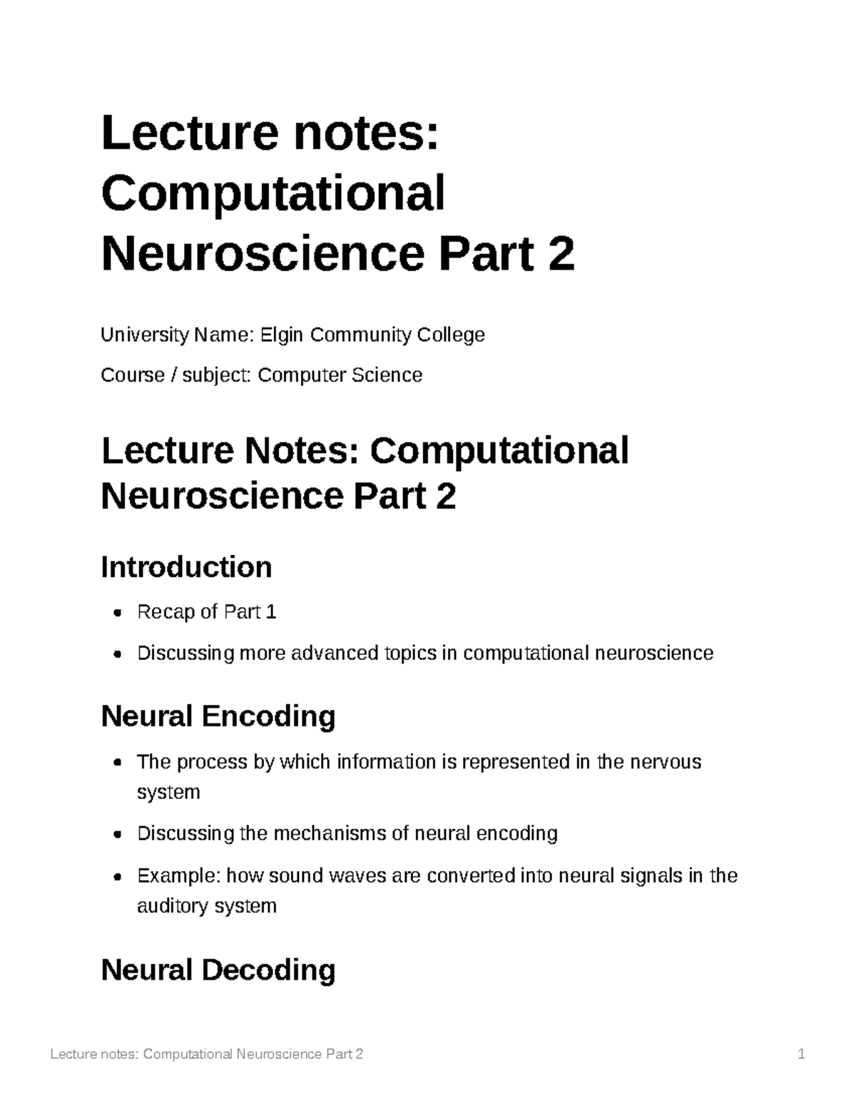 Lecture notes Computational Neuroscience Part 2 - Lecture notes ...