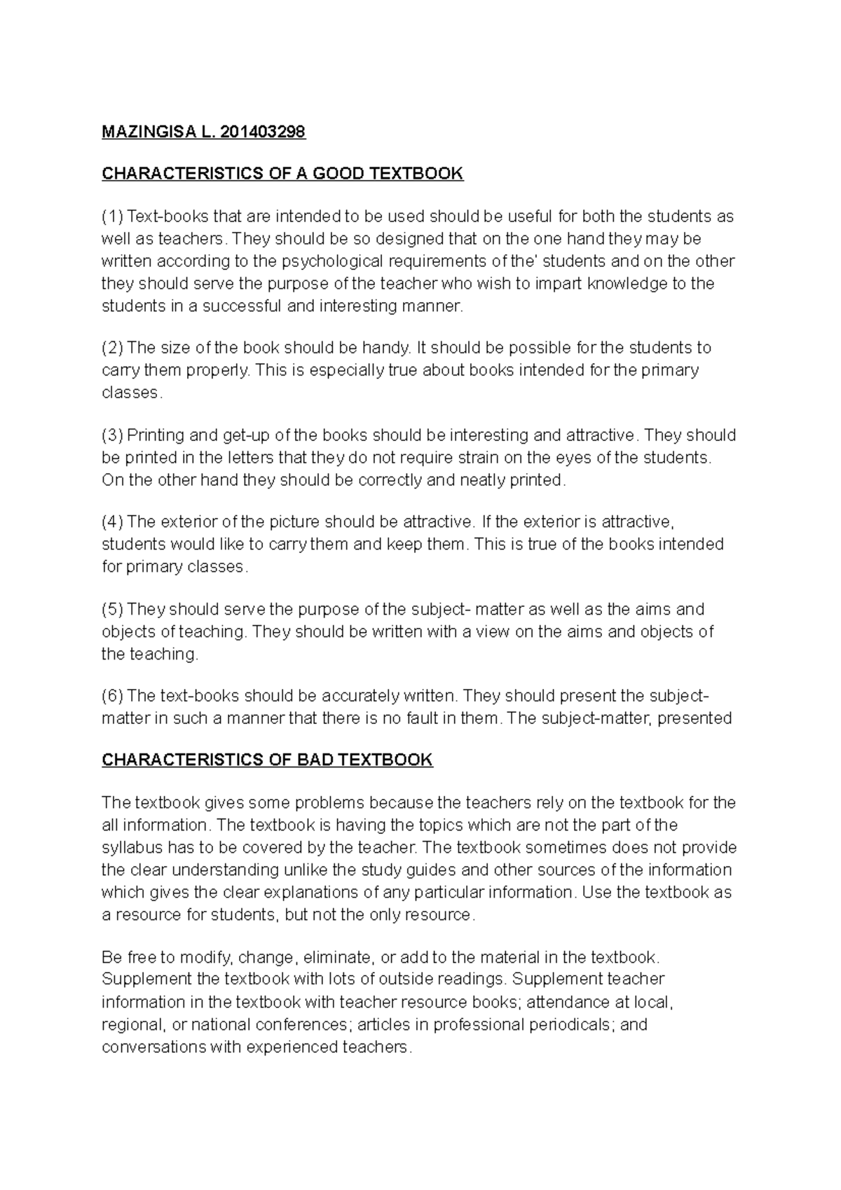 Characteristics OF A GOOD Textbook - MAZINGISA L. 201403298 ...