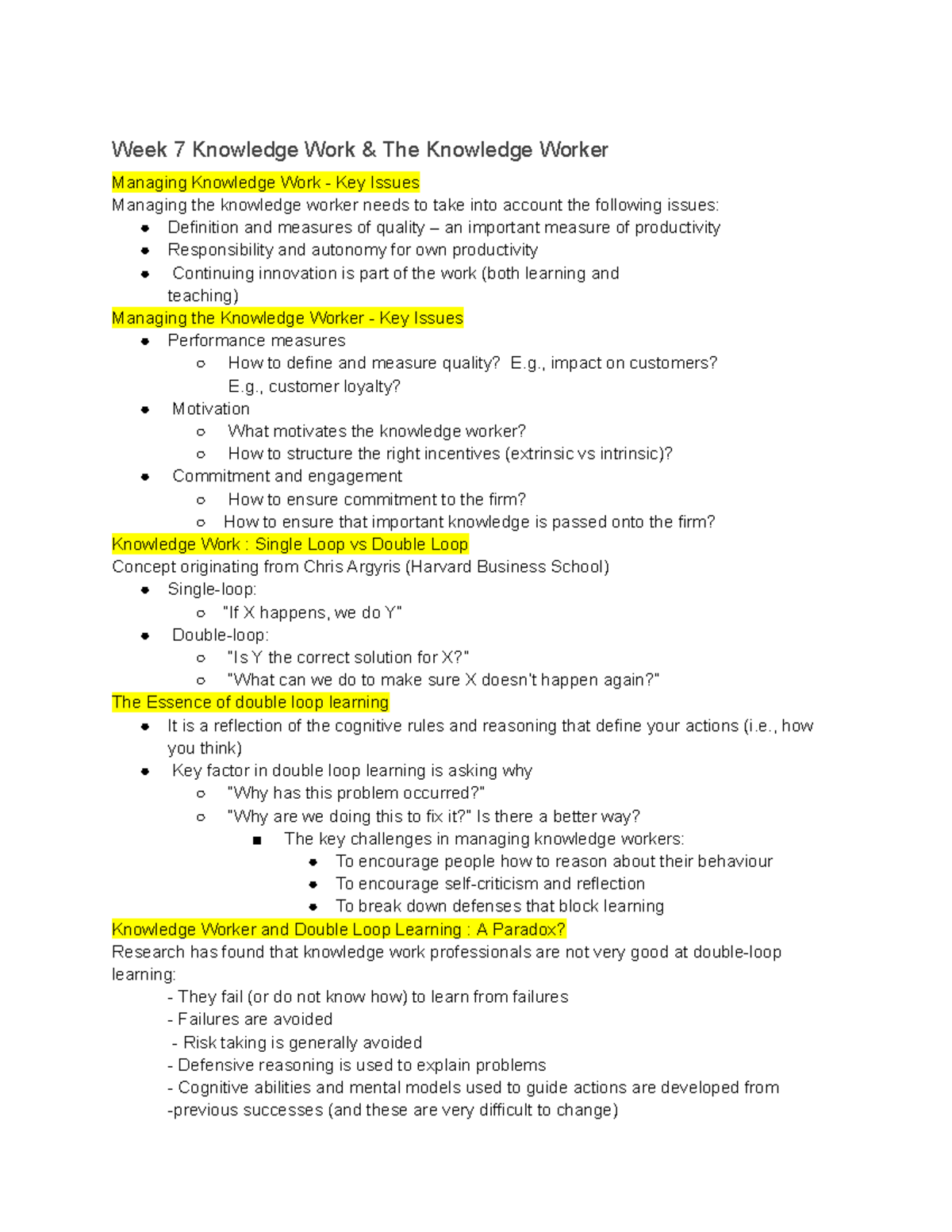 WK7-10 MGMT2311 Notes - Week 7 Knowledge Work & The Knowledge Worker ...