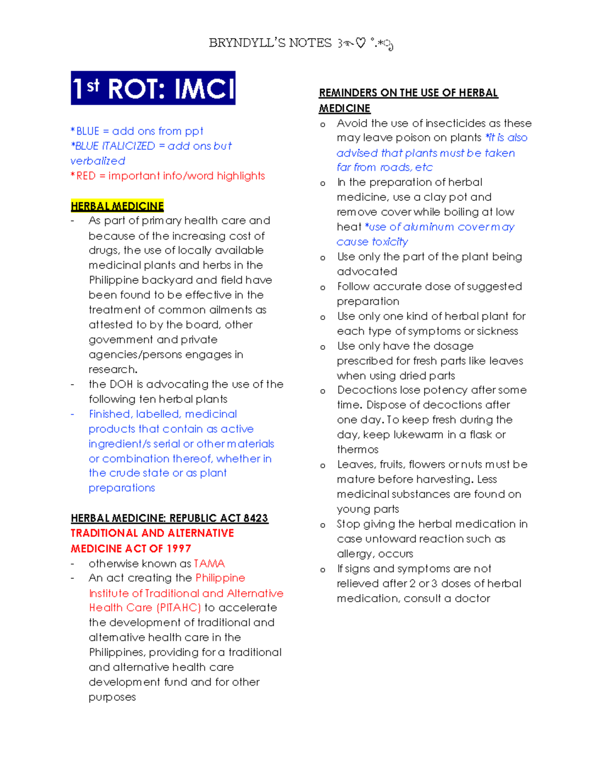 RLE- Notes - 1 st ROT: IMCI *BLUE = add ons from ppt *BLUE ITALICIZED ...