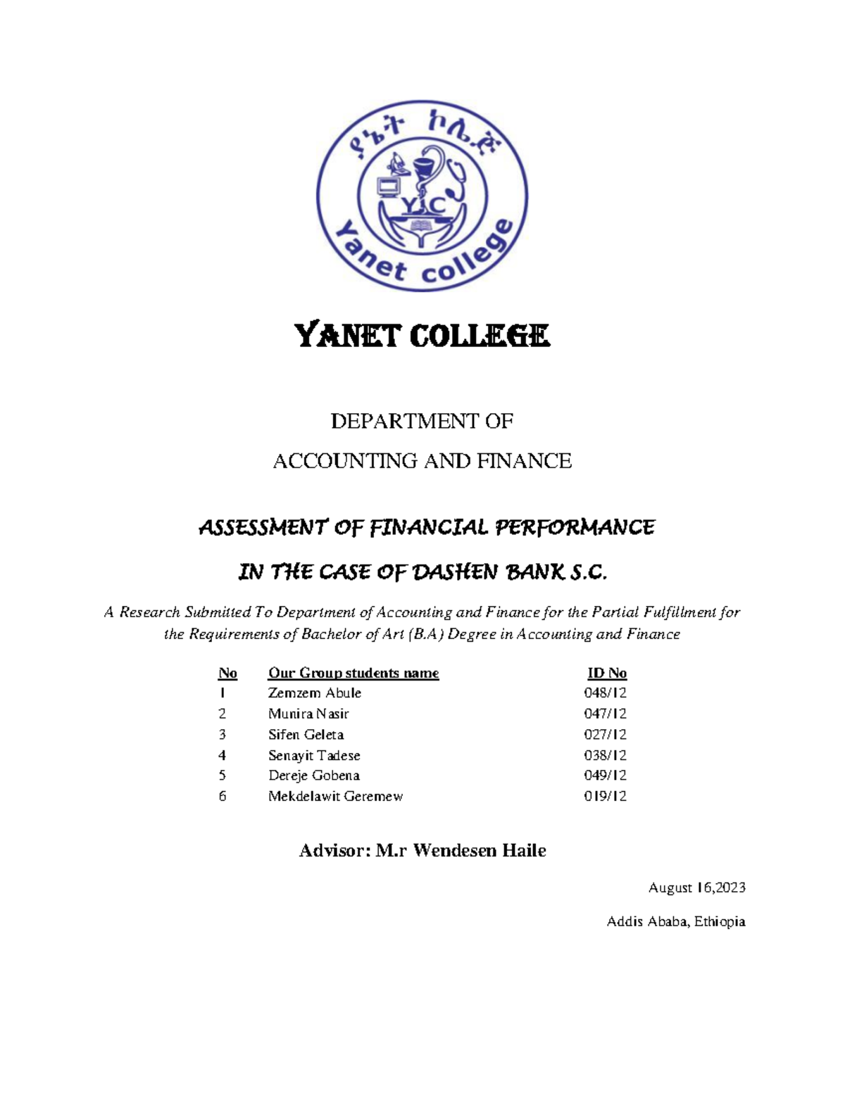 Paper final sos - 1 YANET COLLEGE DEPARTMENT OF ACCOUNTING AND FINANCE ...