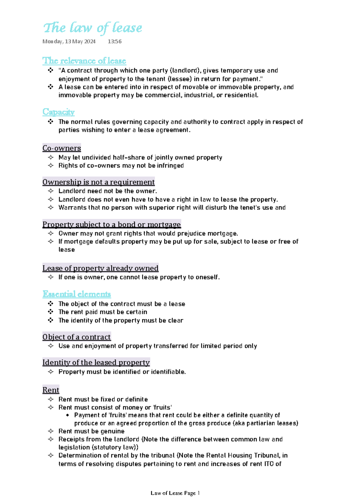 The law of lease - The relevance of lease "A contract through which one ...