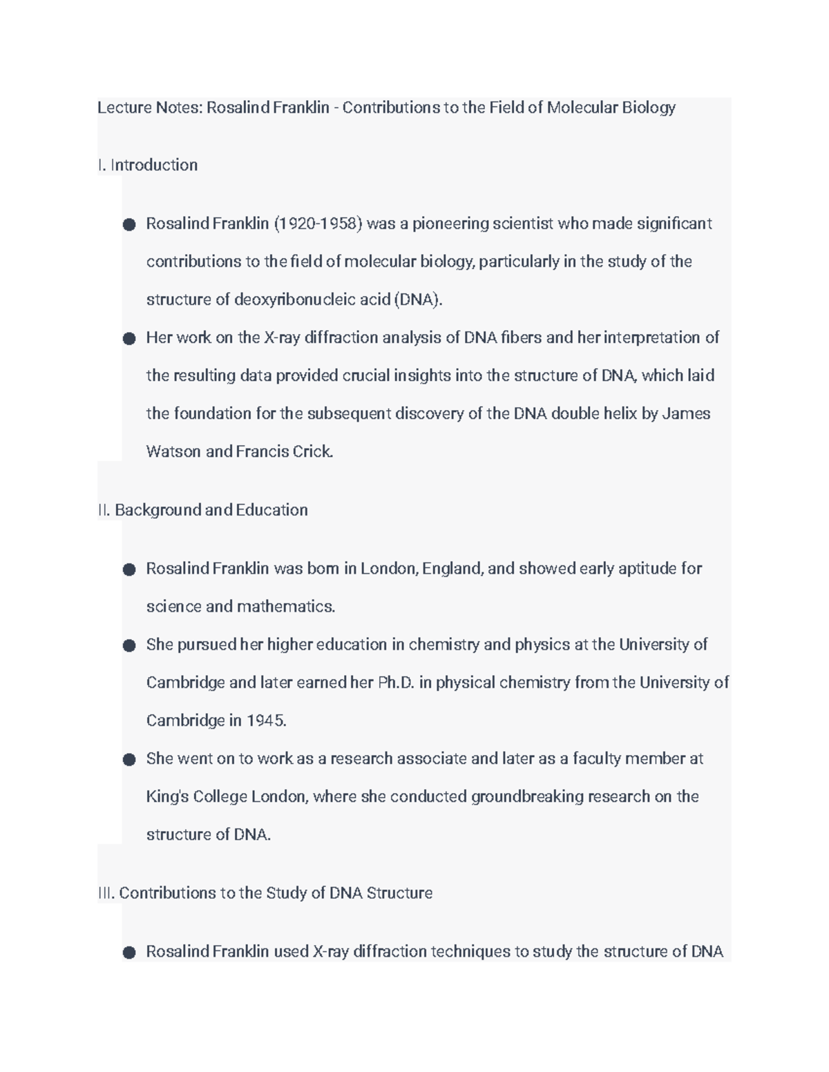 Rosalind Franklin notes - Lecture Notes: Rosalind Franklin ...