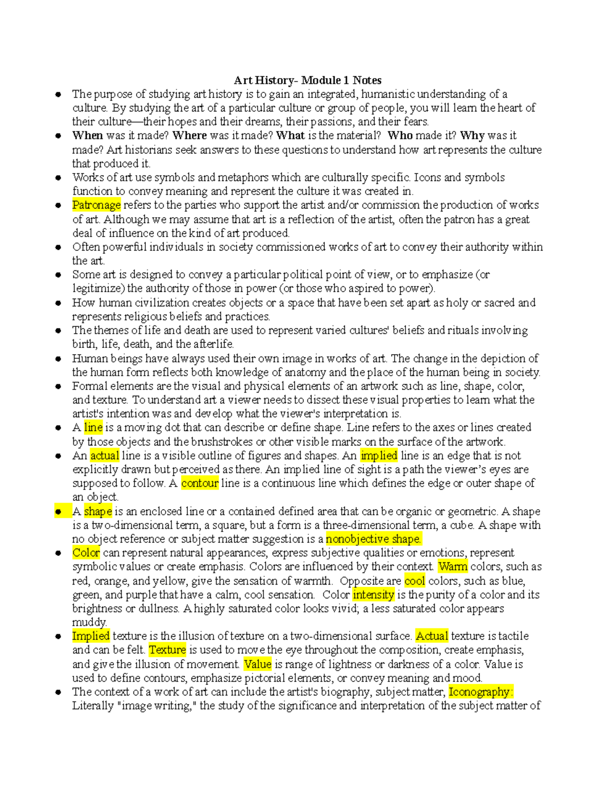Art History- Module 1 Notes - Art History- Module 1 Notes The purpose ...