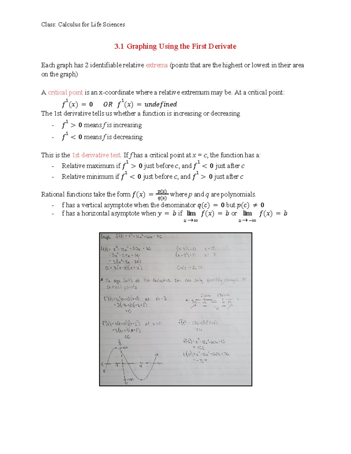 3.1 Graphing Using the First Derivative - Google Docs - Class: Calculus ...