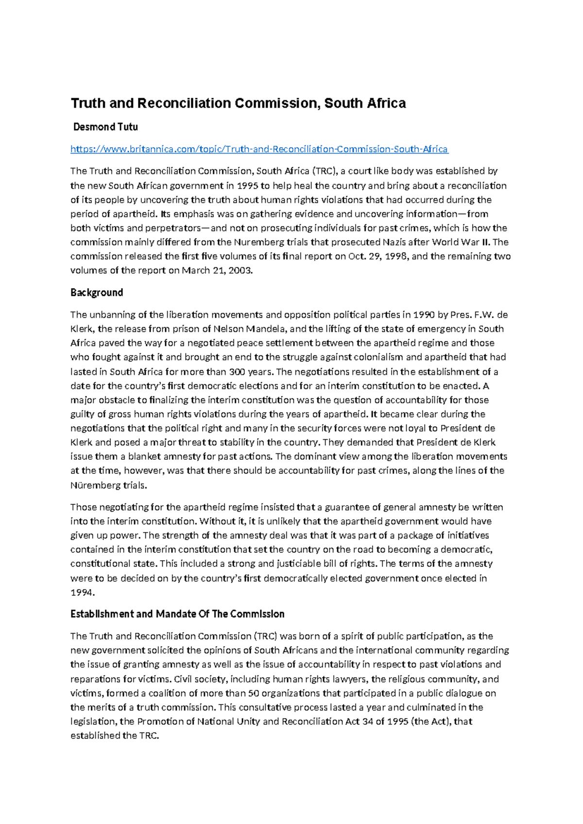 Truth and Reconciliation Commission TUTU - Truth and Reconciliation ...