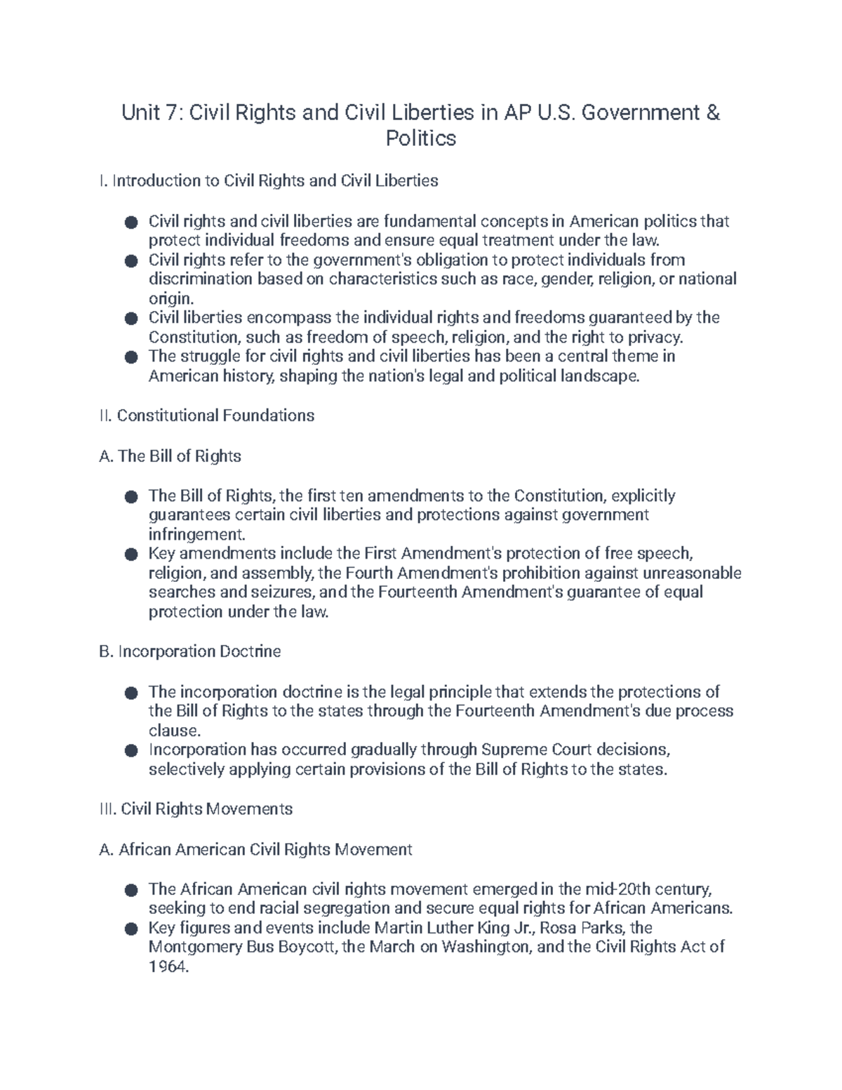 AP Gov Unit 7 - Class notes on Unit 7 - Unit 7: Civil Rights and Civil ...