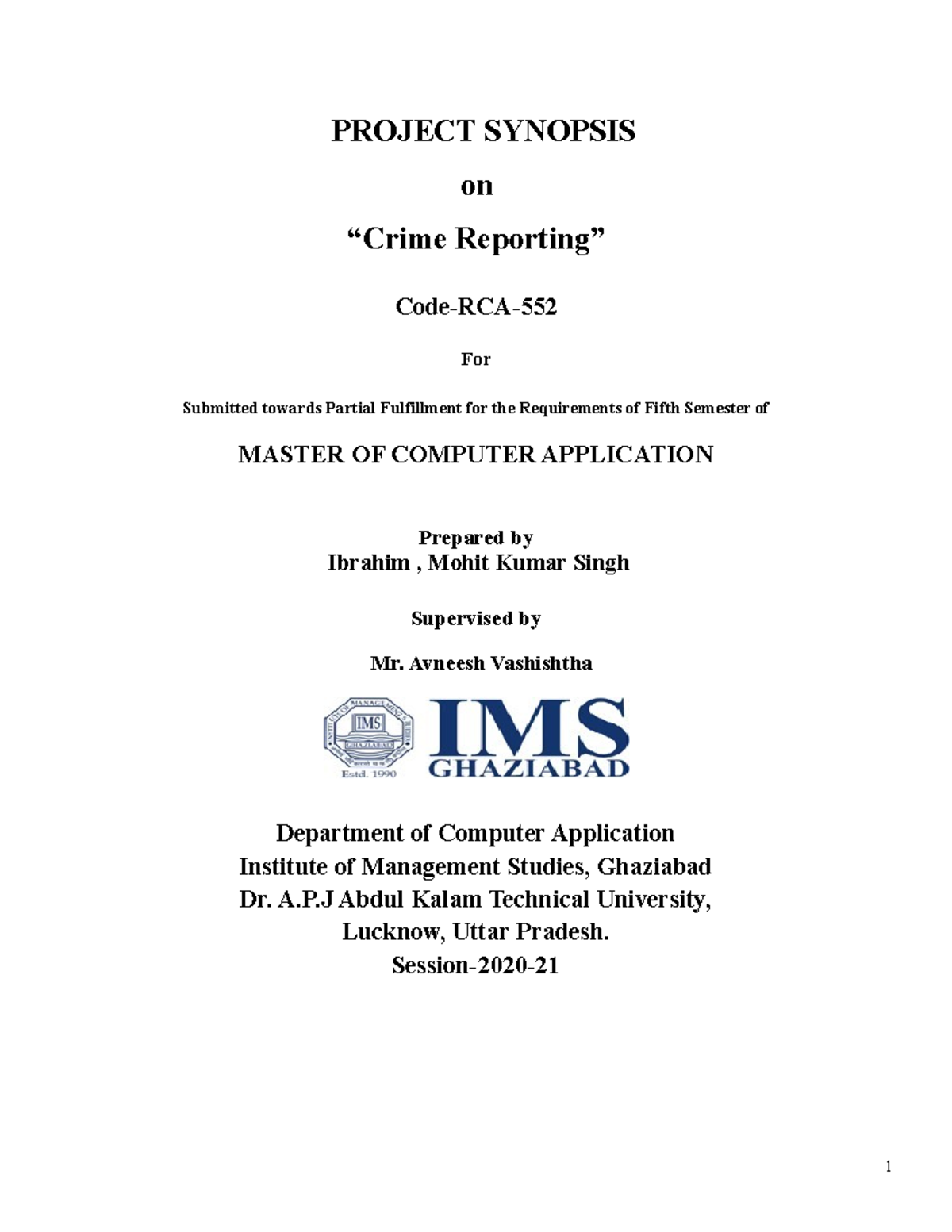 Project synopsis - 1 PROJECT SYNOPSIS on “Crime Reporting” Code-RCA ...