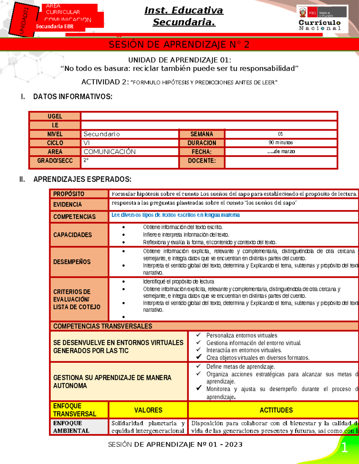 Sesion Comun-N°2 - ####### COMUNICACION UNIDAD ####### Secundaria EBR CURRICULAR Inst. Educativa ...