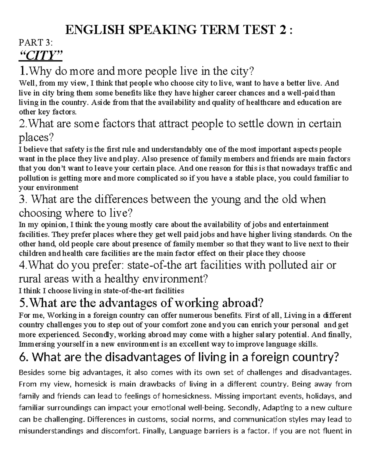 English Speaking TERM TEST 2 - ENGLISH SPEAKING TERM TEST 2 : PART 3 ...