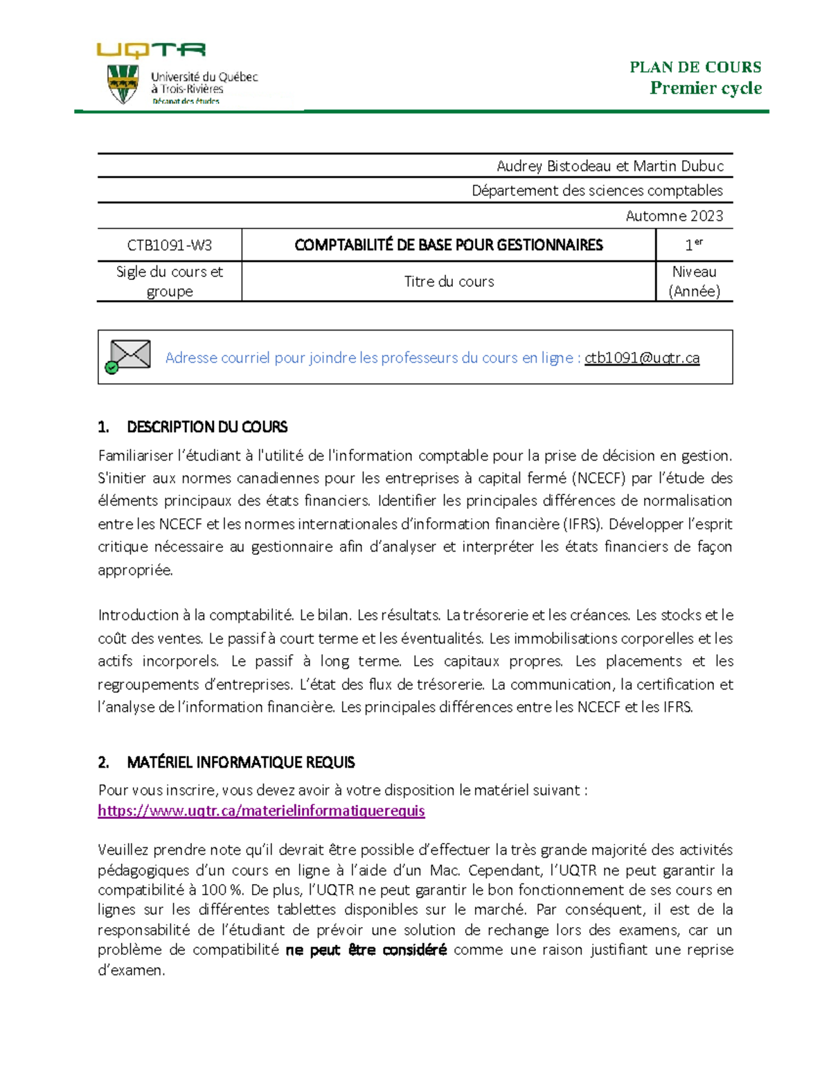 Plan de cours CTB1091-W3 aut. 2023 - Premier cycle Audrey Bistodeau et ...