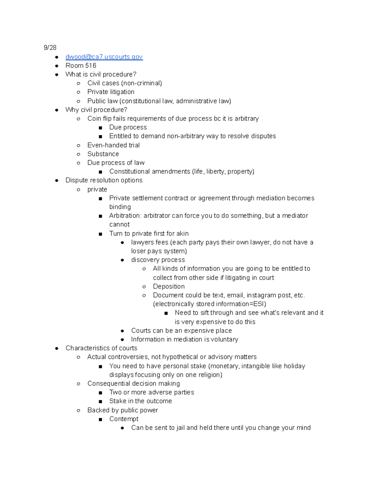 Civ pro class notes - 9/ dwood@ca7.uscourts Room 516 What is civil ...