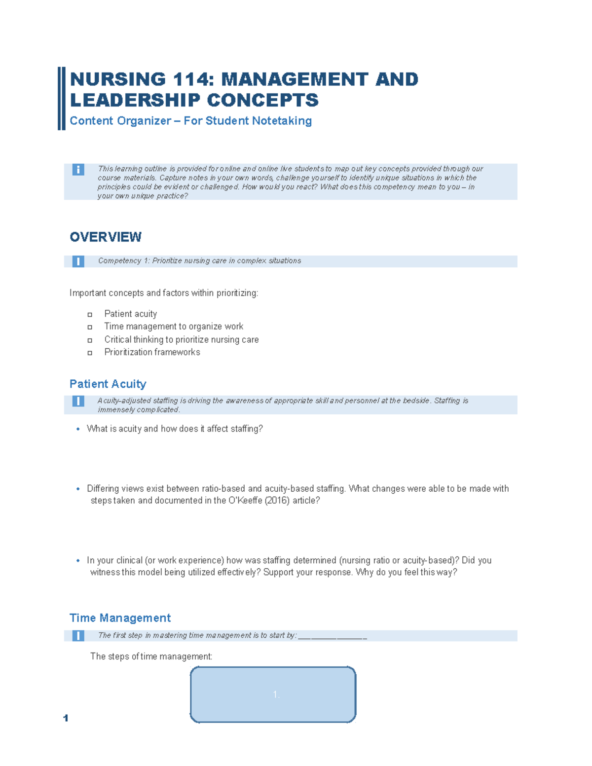 Competency 1 Organizer - NURSING 114: MANAGEMENT AND LEADERSHIP ...